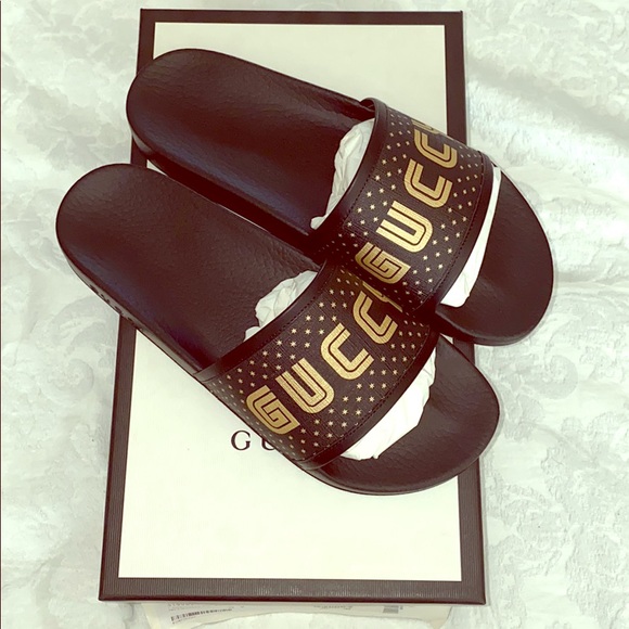 Gucci | Shoes | Gucci Mens Black And Gold Slides | Poshmark